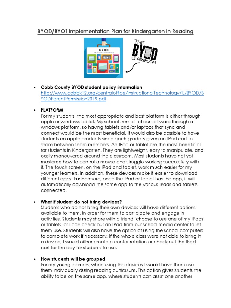 BYOD/BYOT Implementation Plan For Kindergarten in Reading: Cobb County BYOD Student Policy ...