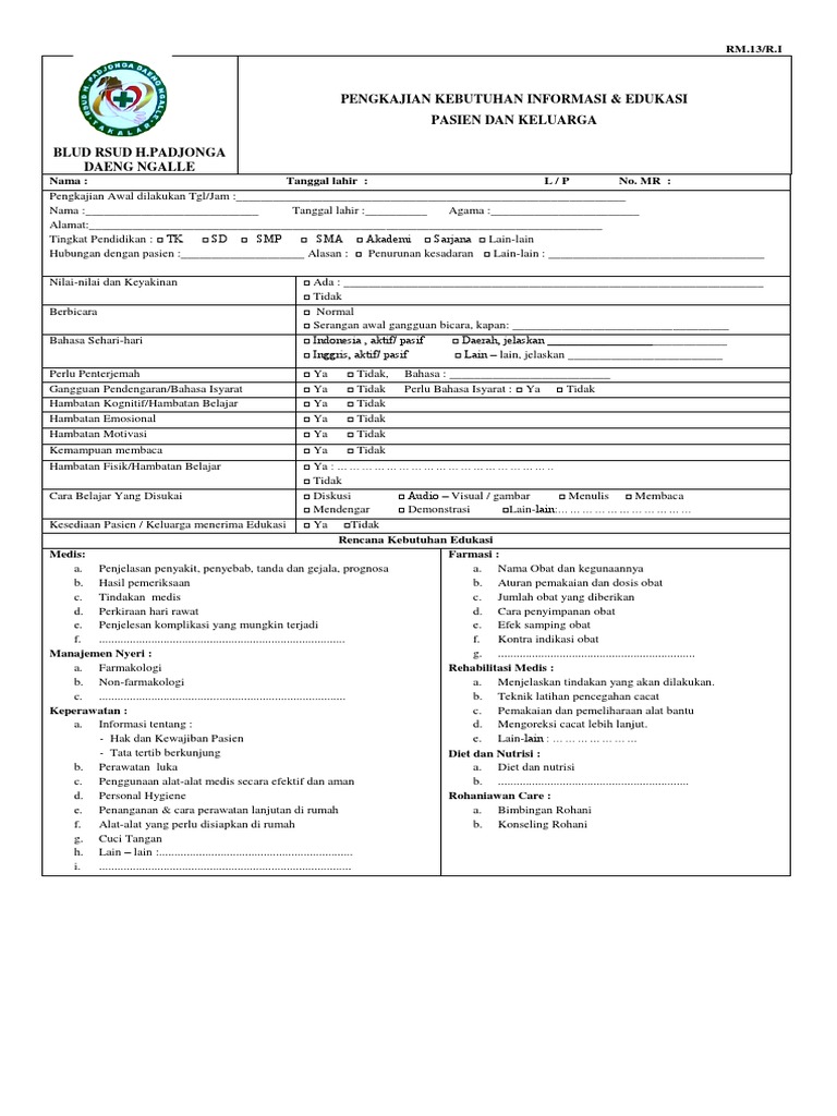 Form Kebutuhan Edukasi Pasien&Keluarga 1 PDF | PDF Form Kebutuhan Edukasi Pasien&Keluarga 1 PDF | PDF