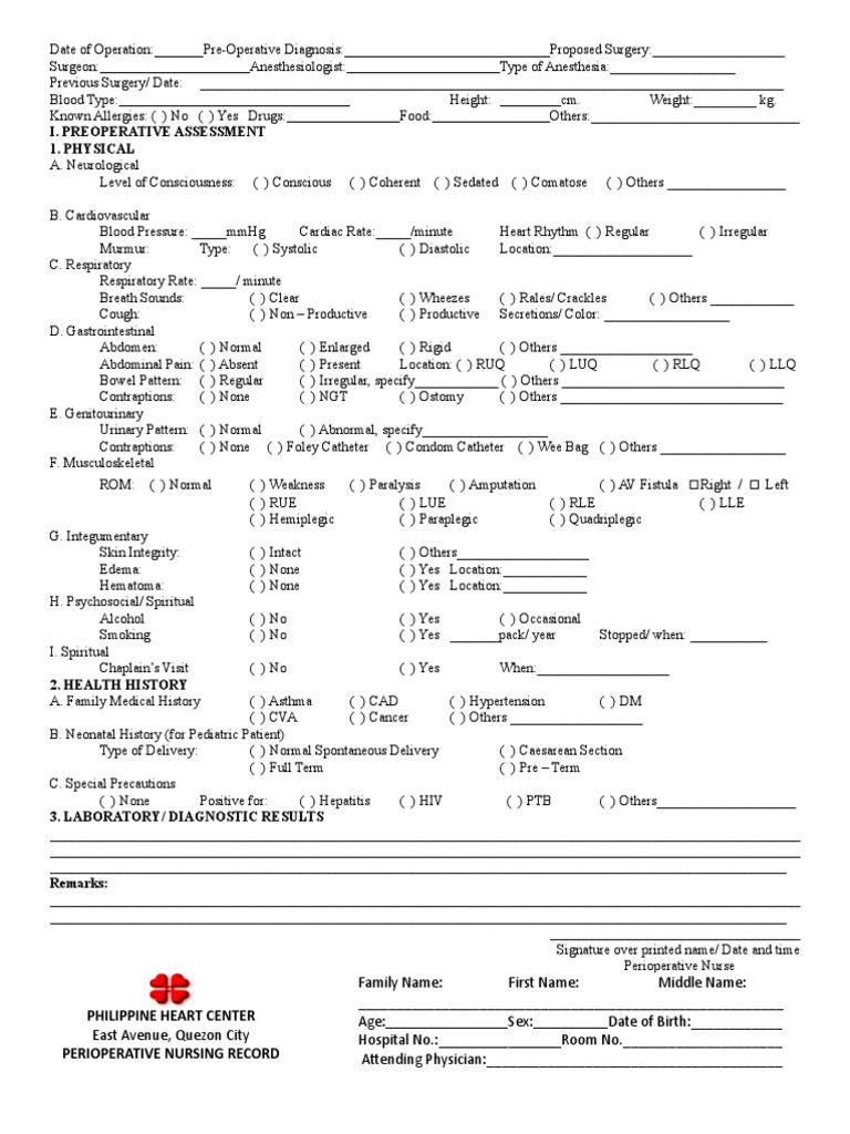 I. Preoperative Assessment 1. Physical: Philippine Heart Center ...