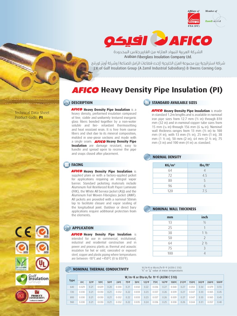 Afico Pipe Insulaion | PDF | Thermal Insulation | Fiberglass