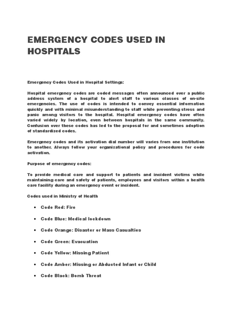 Hospital Emergency Code Guide | PDF | Emergency | Hospital