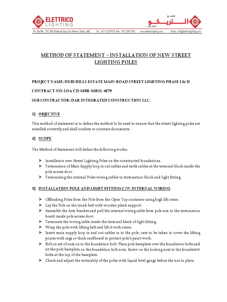 Method of Statement Street Light Installation | PDF