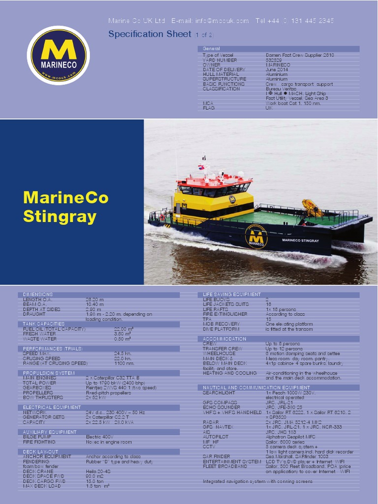 Marineco Stingray Vessel Specification Sheet1 PDF | PDF | Marine ...
