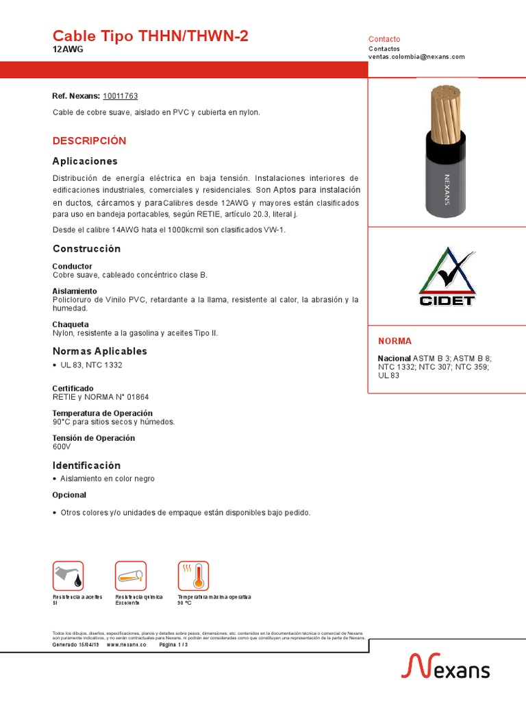 Cable THHN/THWN-2 12AWG Especificaciones | PDF | Corriente eléctrica ...