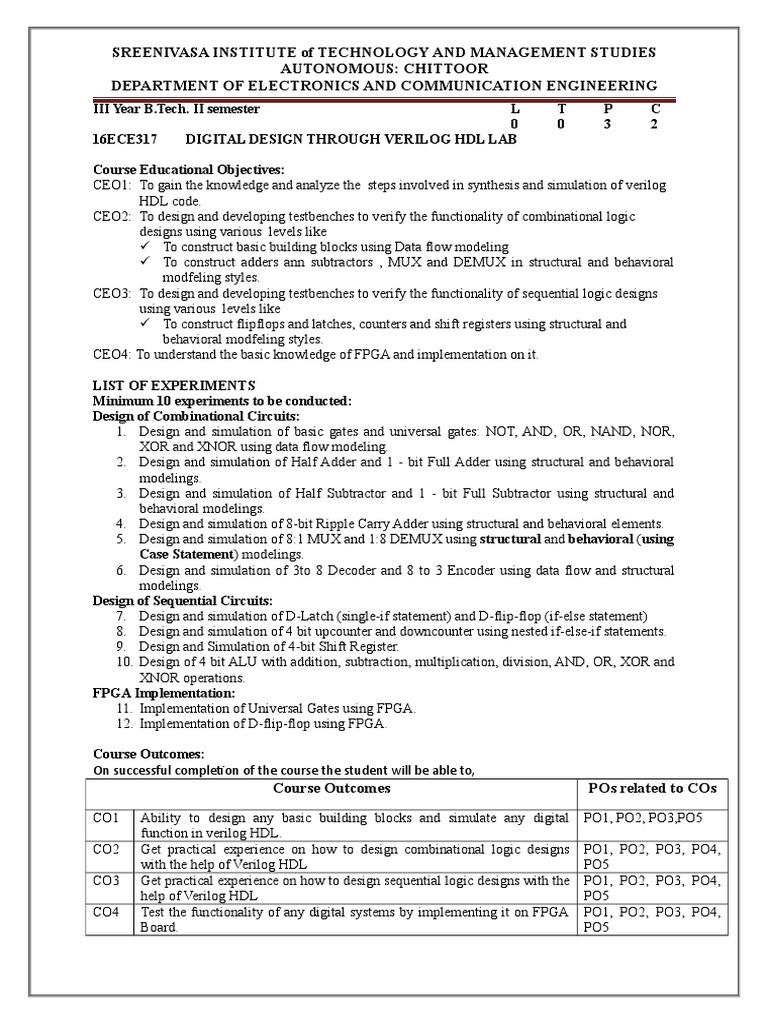 Digital Design Through Verilog Hdl Course Outcomes For Lab Pdf Logic Synthesis Hardware 