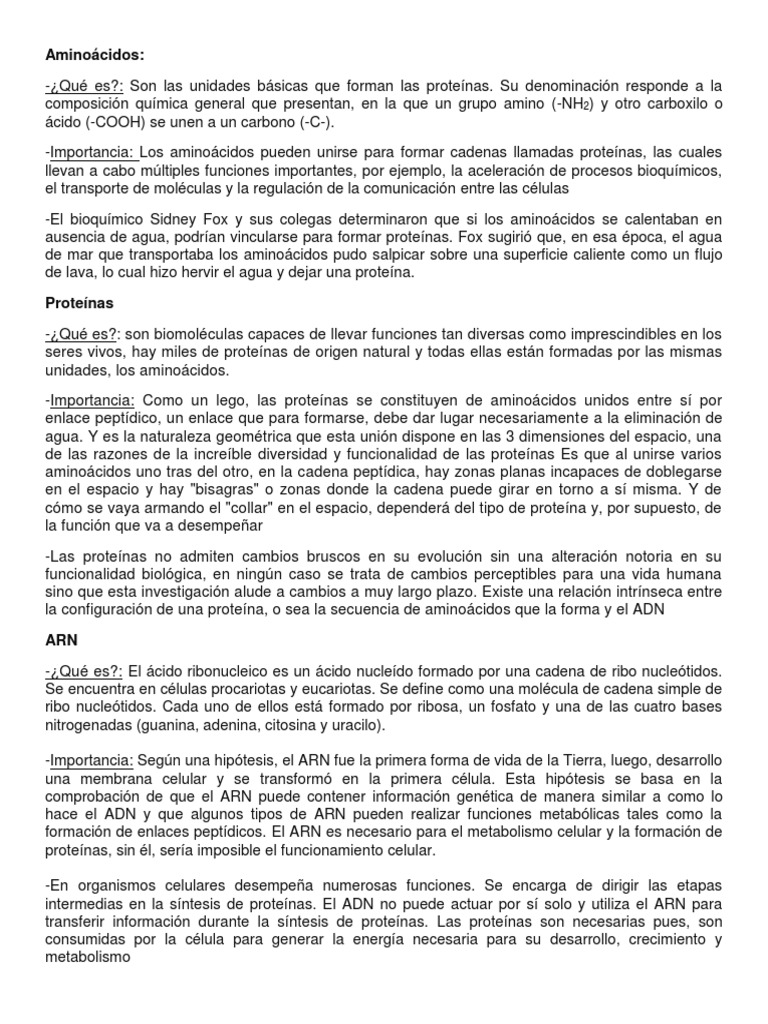 Aminoácidos, Proteínas y Arn | PDF | Rna | Proteínas