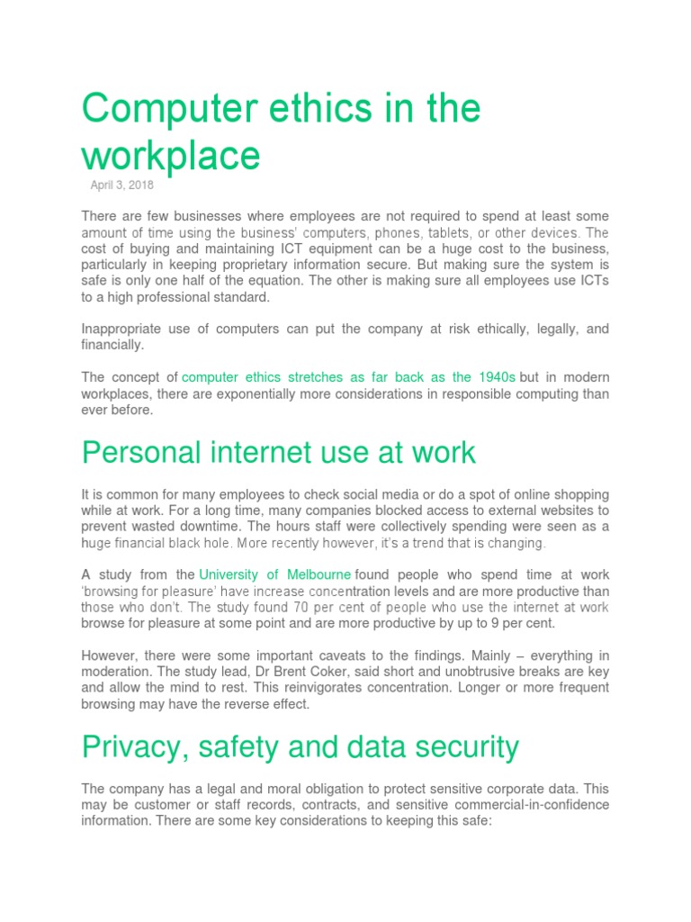 Computer Ethics in The Workplace | PDF | Internet | Employment