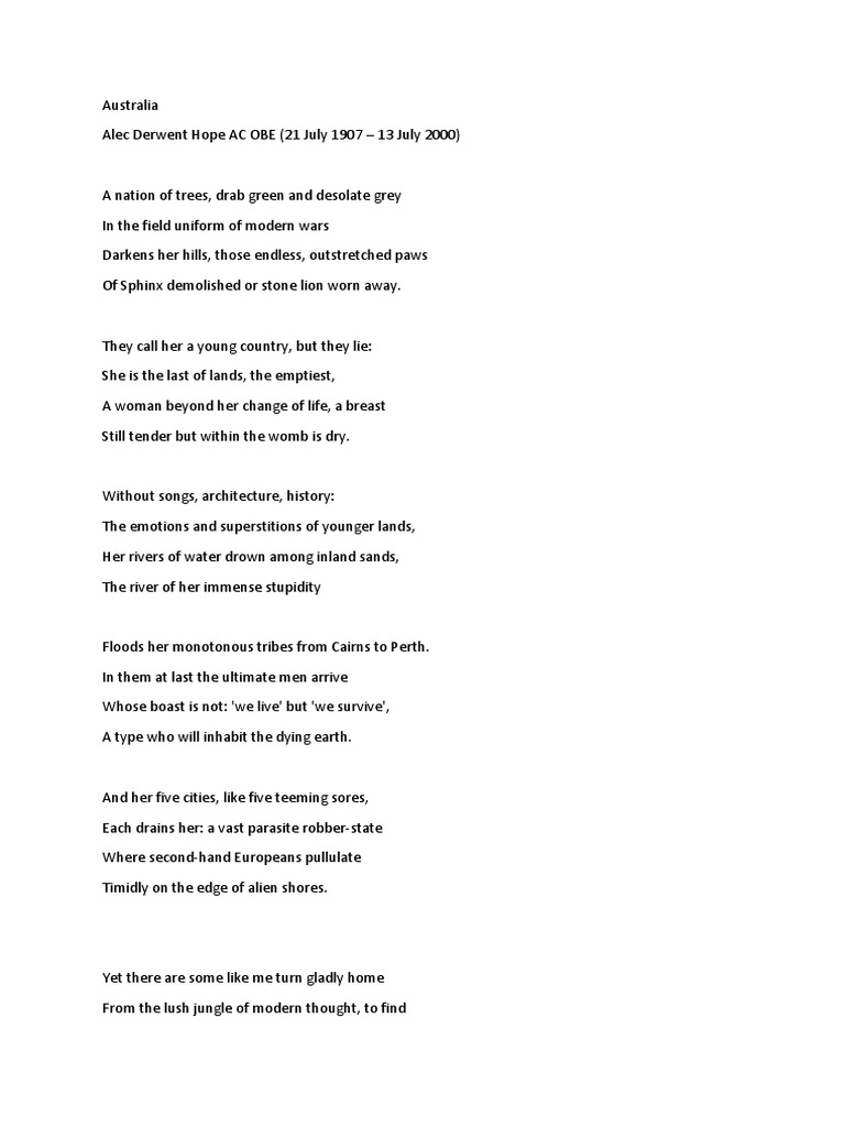 Alec Derwent Hope's Australia Poem Analysis | PDF | Classics