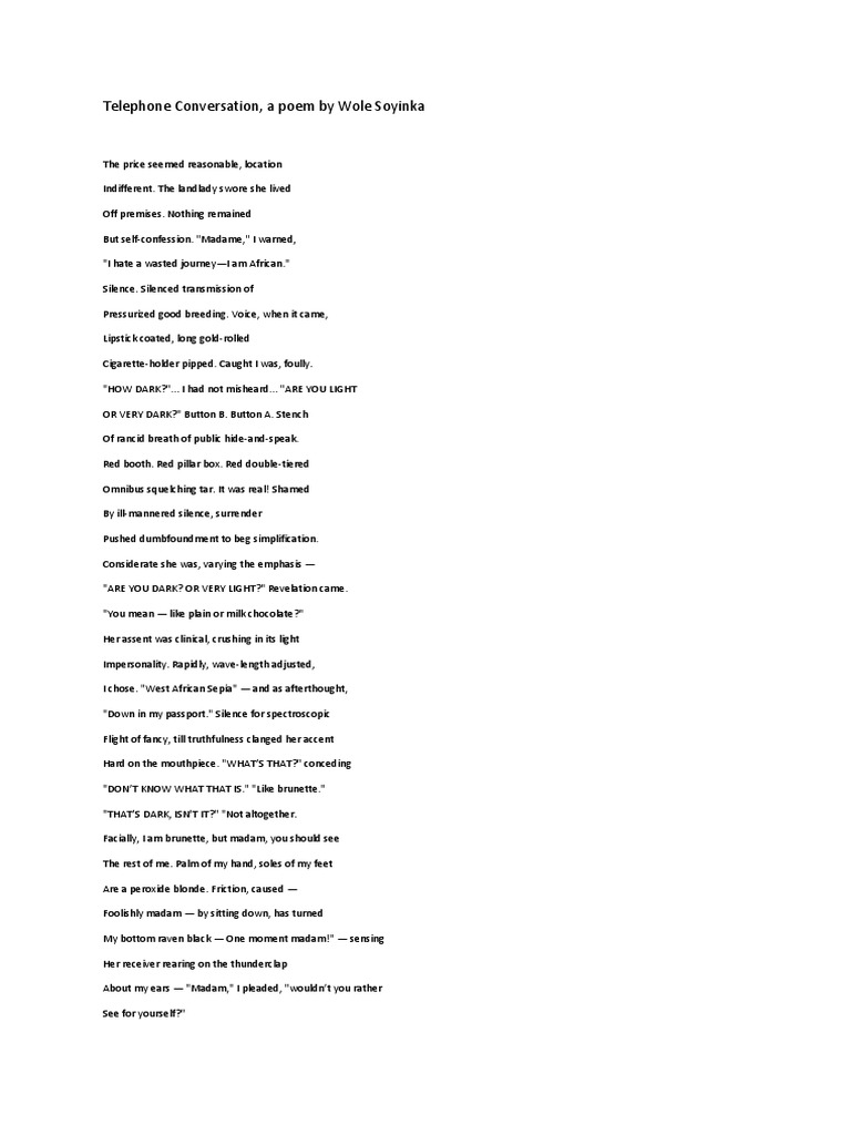 Telephone Conversation, A Poem by Wole Soyinka | PDF | Poetry