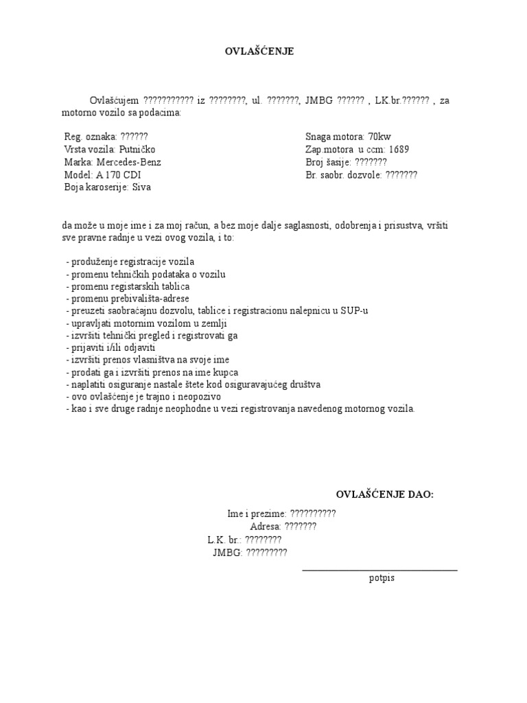 Ovlascenje Za Registraciju Vozila | PDF