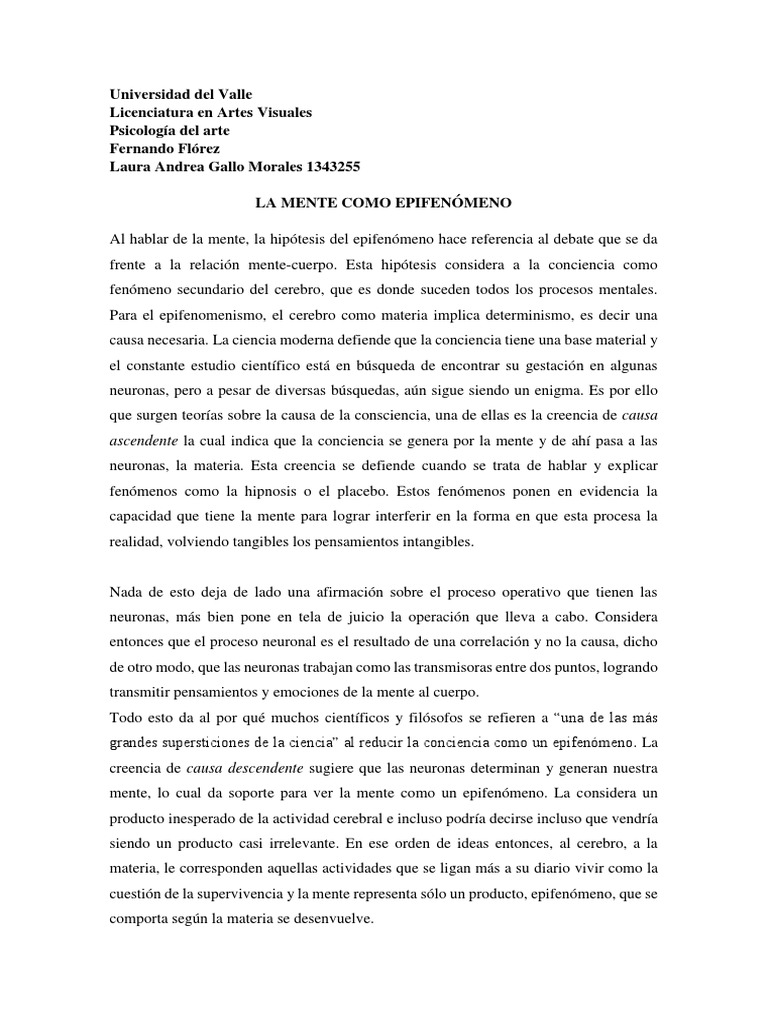 La mente como epifenómeno en psicología | PDF | Mente | Cerebro