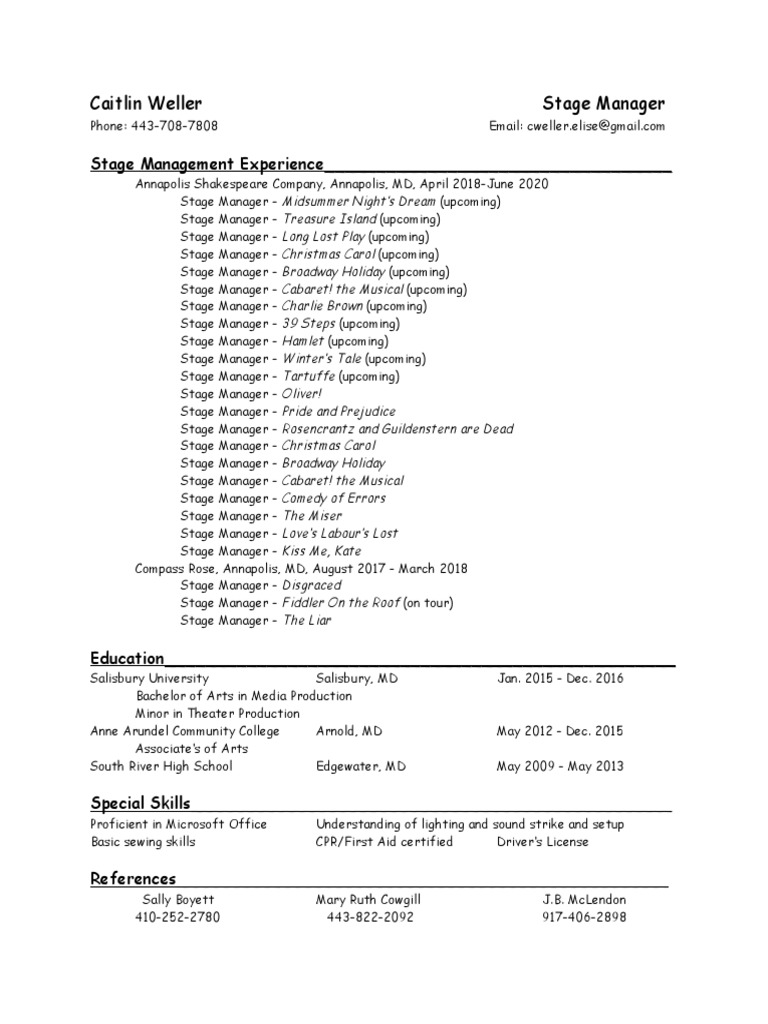Stage Management Resume 2019 v2 | PDF | Business