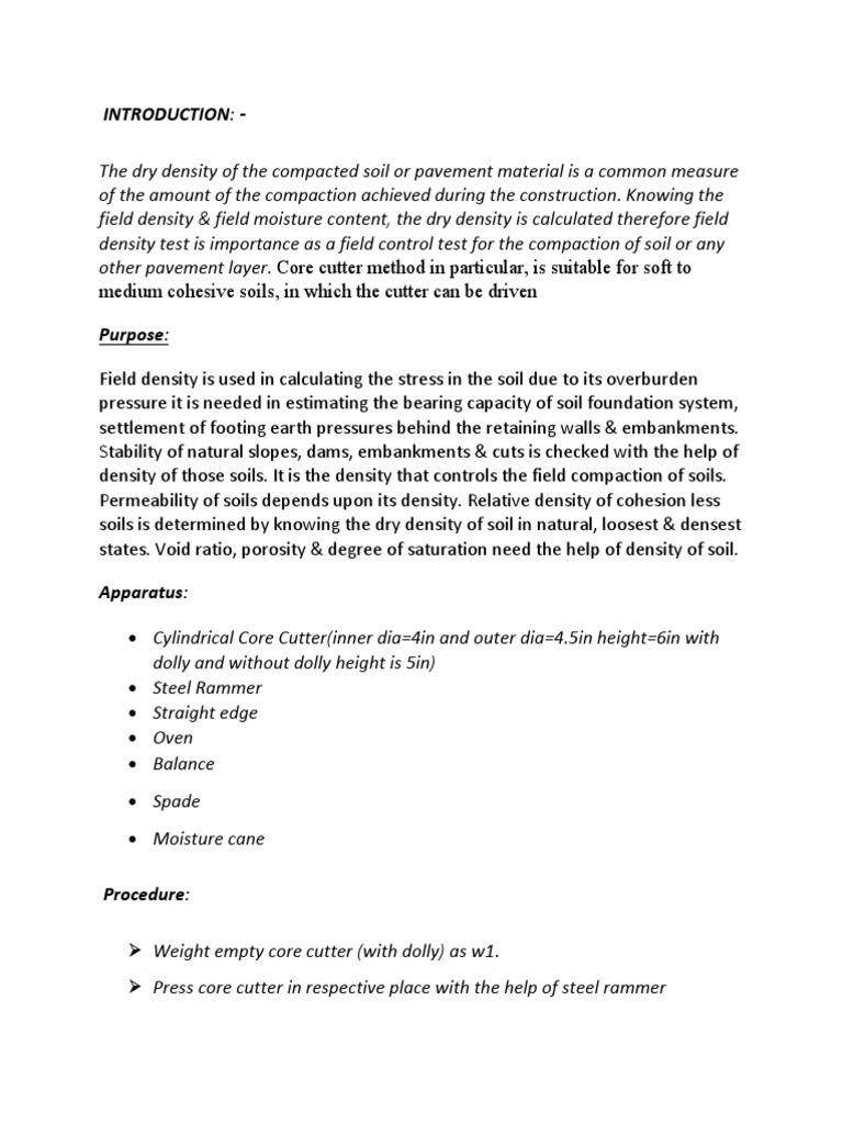 Core Cutter Method | PDF | Density | Soil