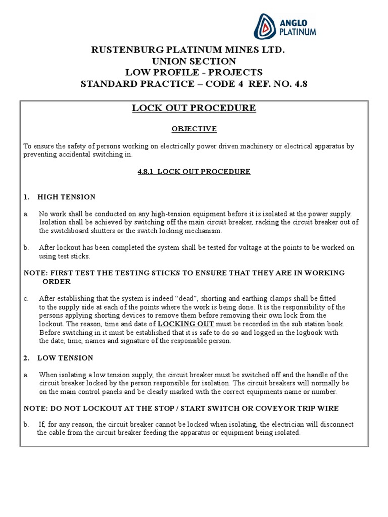 4.8 Lock Out Procedure | PDF | Switch | Power Engineering