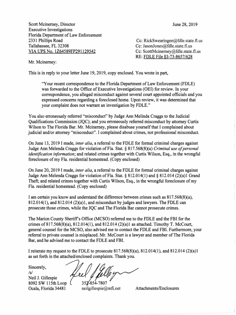 Reply To Scott McInerney, Director Executive Investigations, FDLE Jun ...