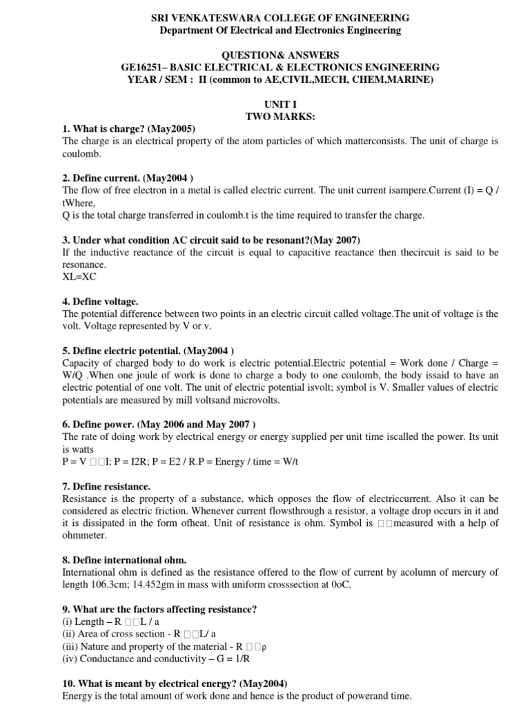 BEEE Question Bank Unit 1,2 | PDF | Ac Power | Electromagnetic Induction