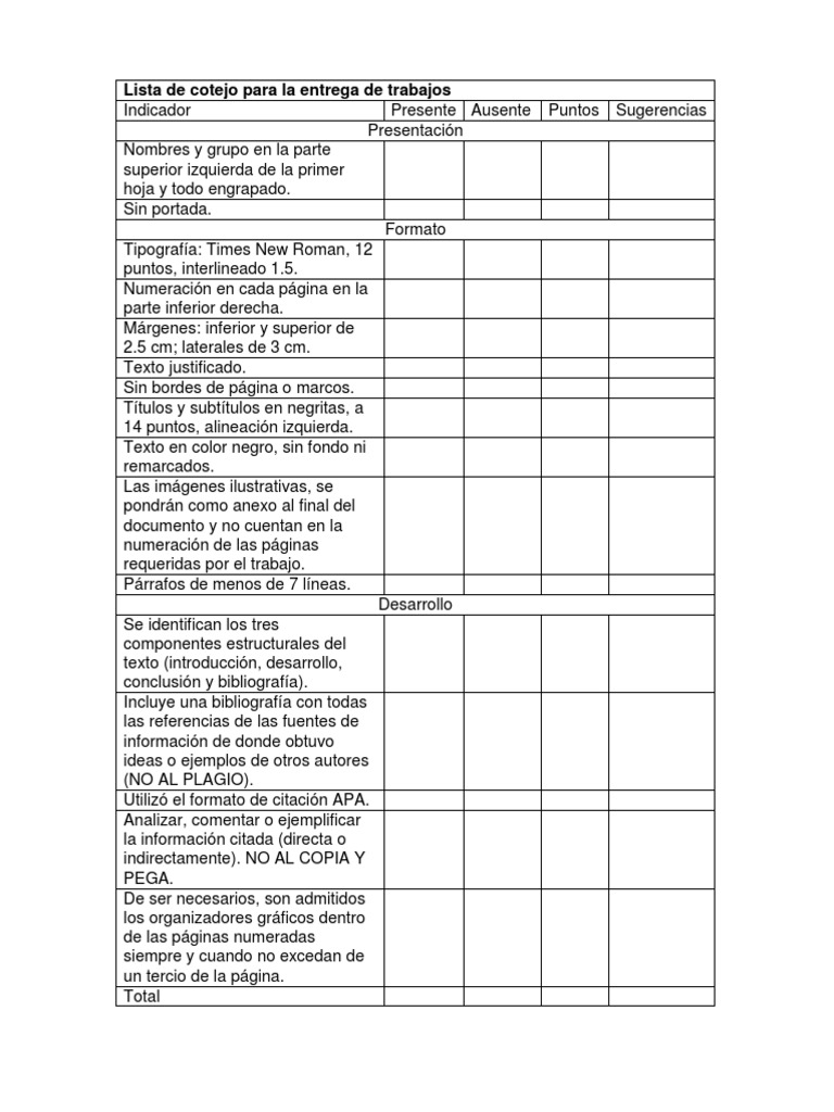 Lista de Cotejo para La Entrega de Trabajos Escritos