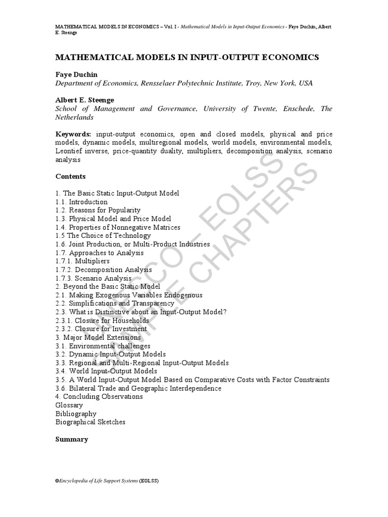 Unesco - Eolss Sample Chapters: Mathematical Models in Input-Output Economics | PDF | Input ...