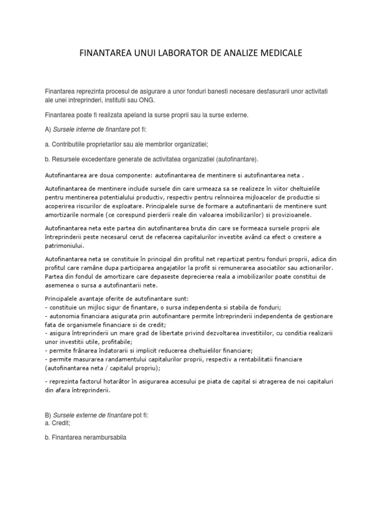 Finantarea Unui Laborator de Analize Medicale | PDF