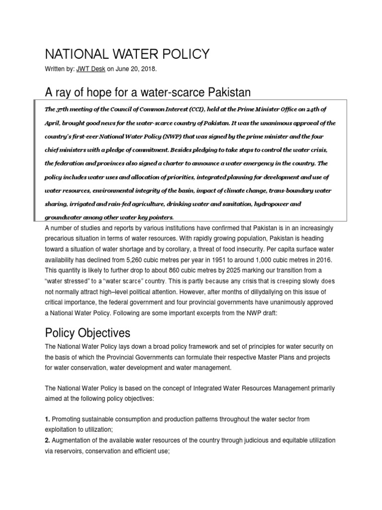 National Water Policy: A Ray of Hope For A Water-Scarce Pakistan | PDF ...