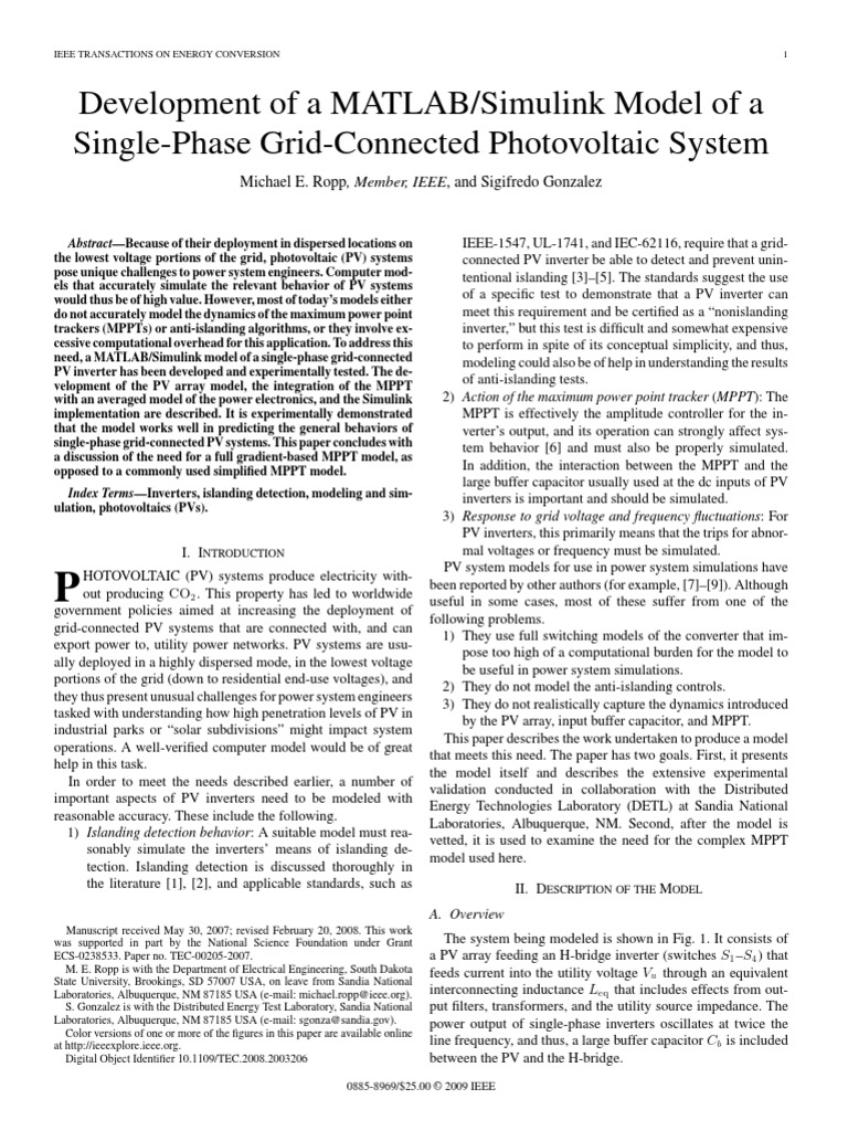 Development of A MATLAB/Simulink Model of A Single-Phase Grid-Connected ...