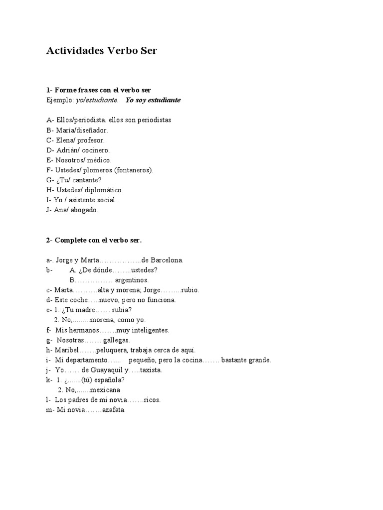 Actividades para el Verbo Ser | PDF
