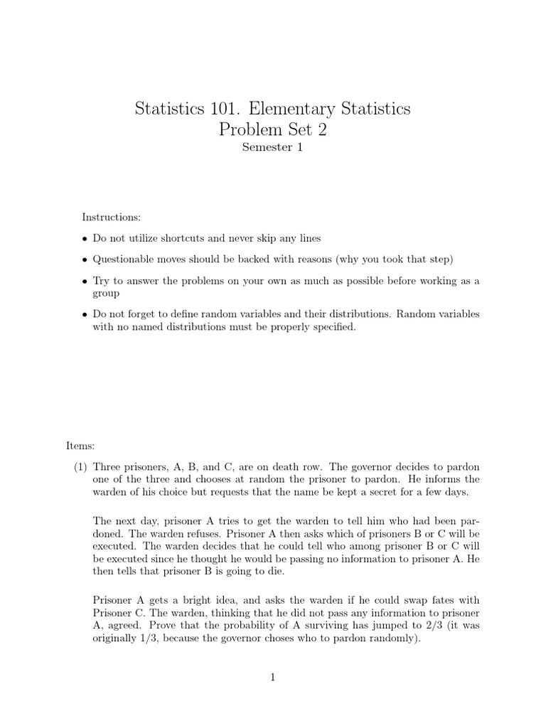 Statistics 101. Elementary Statistics Problem Set 2: Semester 1 | PDF ...