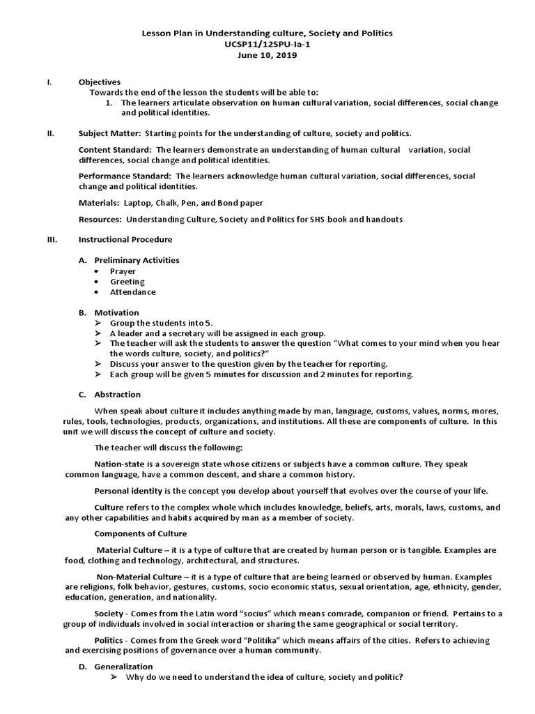 Lesson Plan in Understanding Culture, Society and Politics UCSP11/12SPU ...