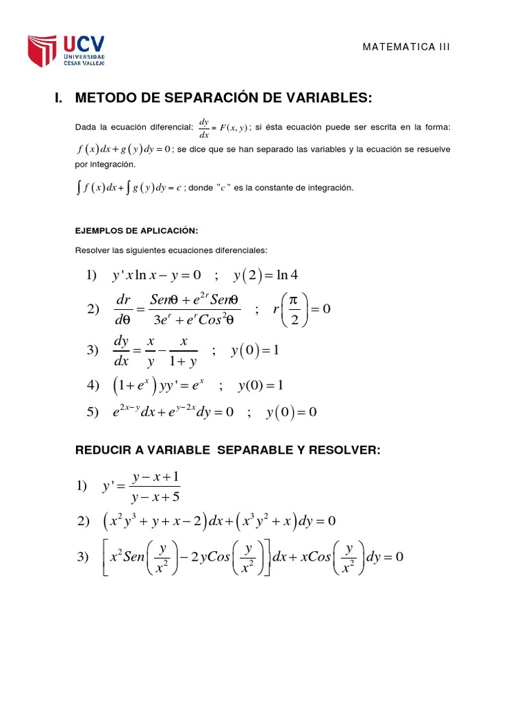 Ecuaciones Diferenciales De Variable Separable Pdf Ecuaciones