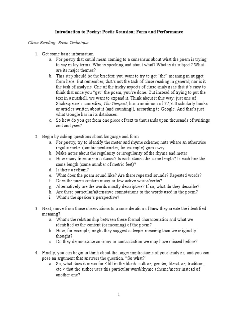 Close Reading: Basic Technique: Introduction To Poetry: Poetic Scansion ...