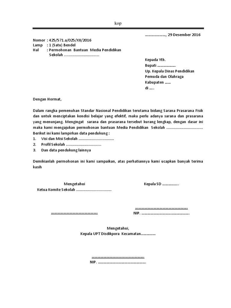 Contoh Surat Proposal Permohonan Bantuan Media Pendidikan - TTD | PDF