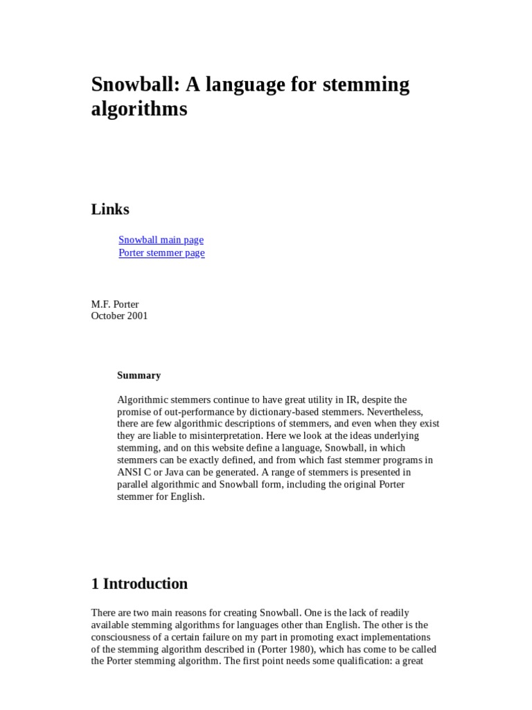 Snowball: A Language For Stemming Algorithms | PDF | Adjective | English Language