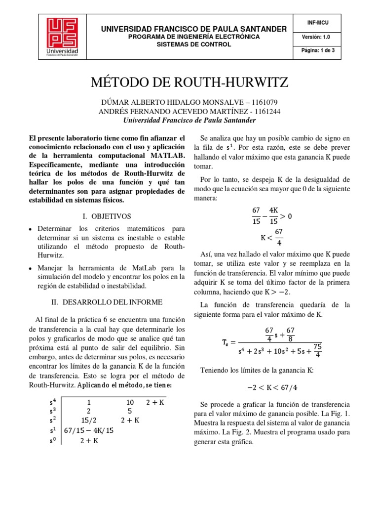 Routh Hurwitz | PDF | Función (Matemáticas) | Sistema de control
