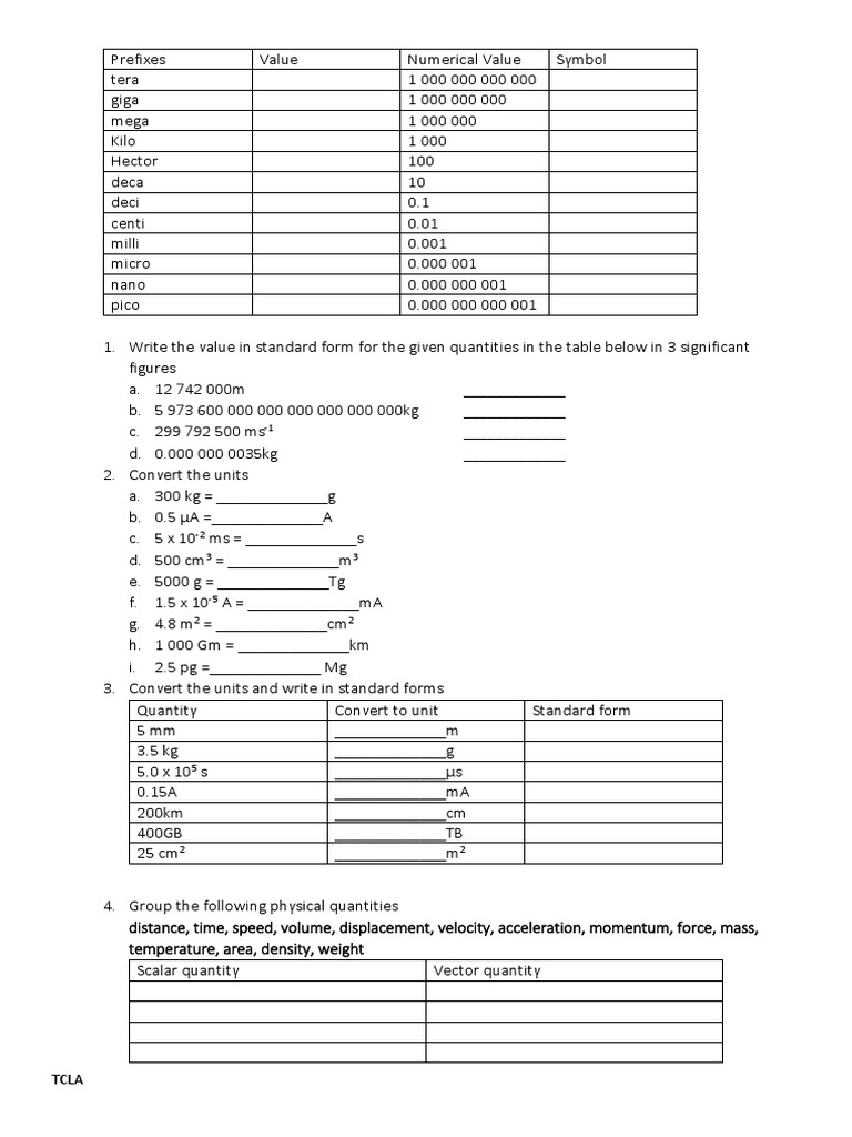 Prefixes and Units Worksheet | PDF | Physics | Physical Quantities