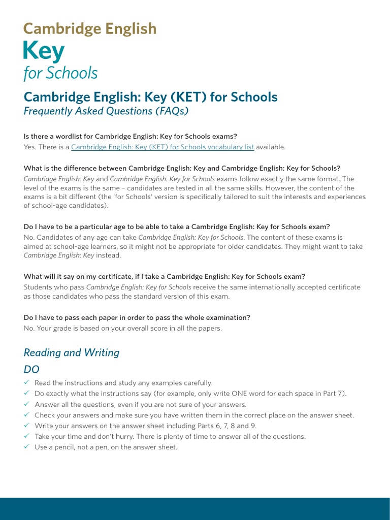 Cambridge English Key for Schools FAQs | PDF | Test (Assessment ...