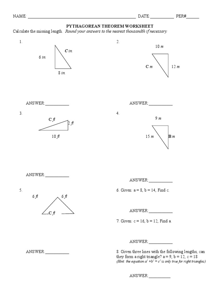 Pythagorean Theorem Worksheet | PDF | Triangle | Euclid