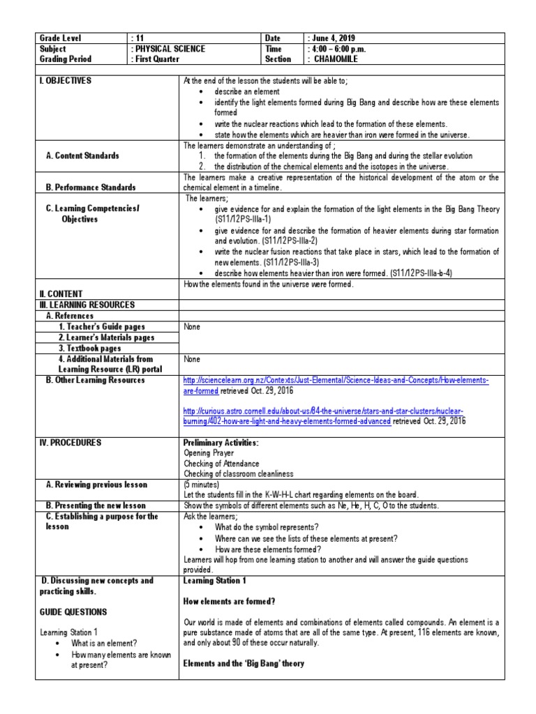 Sample Lesson Plan For Science | PDF | Chemical Elements | Stars