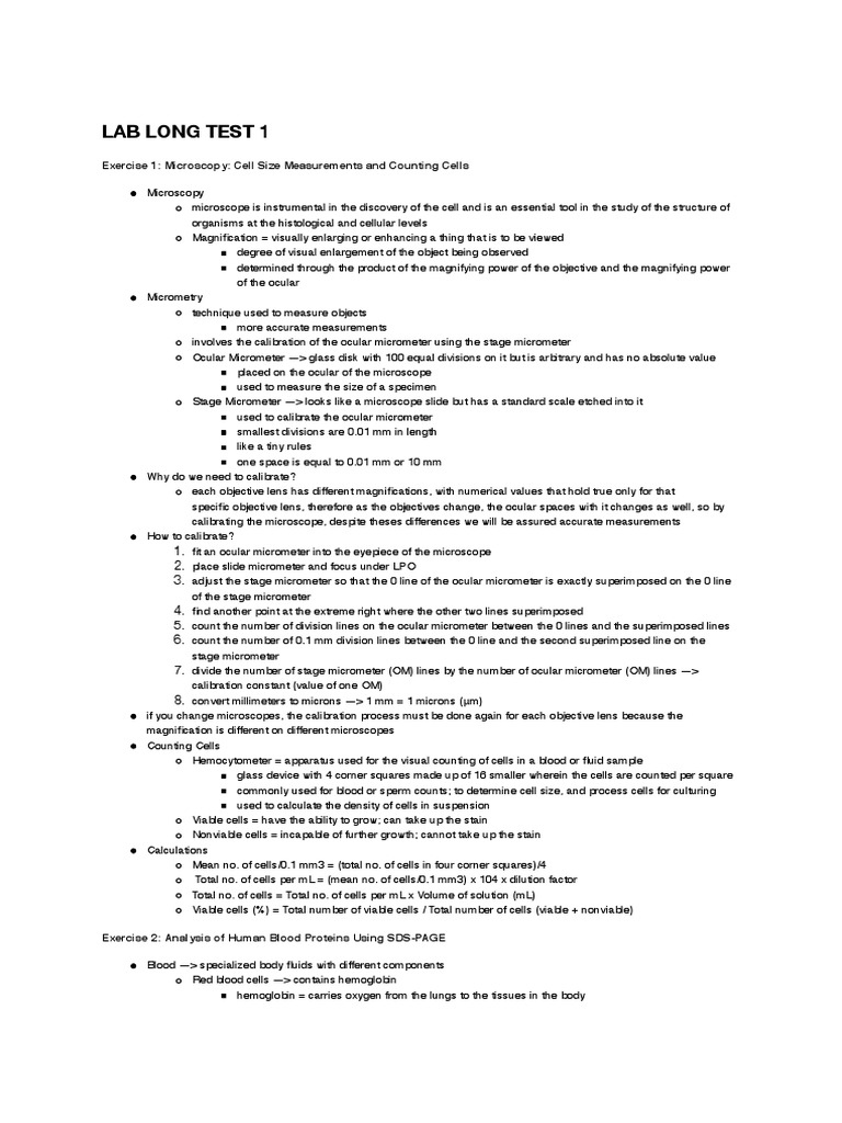 Lab Long Test 1: Exercise 1: Microscopy: Cell Size Measurements and ...