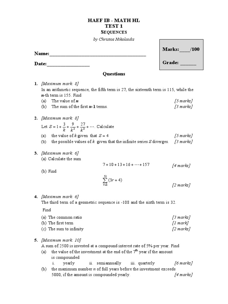 Test 1. Sequences | PDF | Sequence | Series (Mathematics)