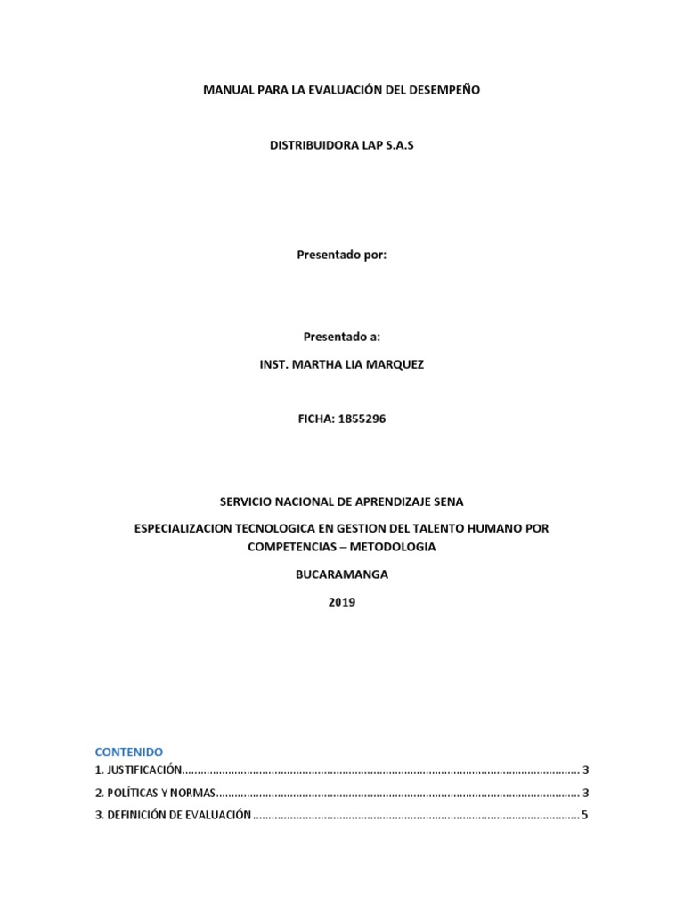 Manual de Evaluacion Del Desempeño Distribuidora LAP SAS | PDF | Evaluación de desempeño ...