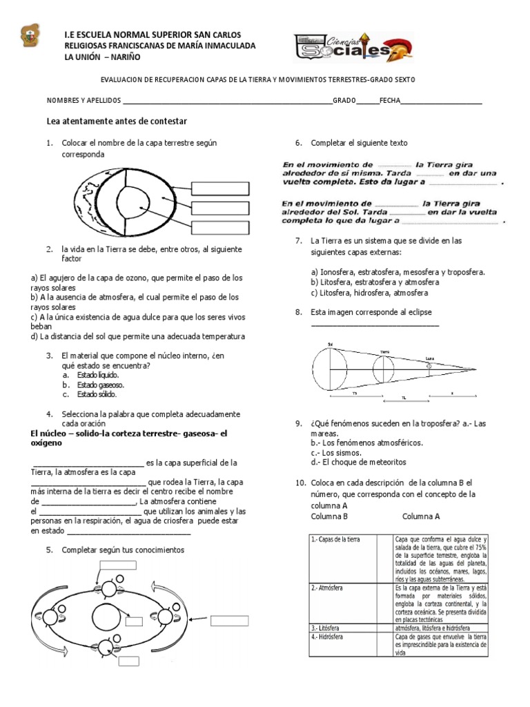 Evaluación Capas de la Tierra 6° Grado | PDF | Atmósfera | Tierra