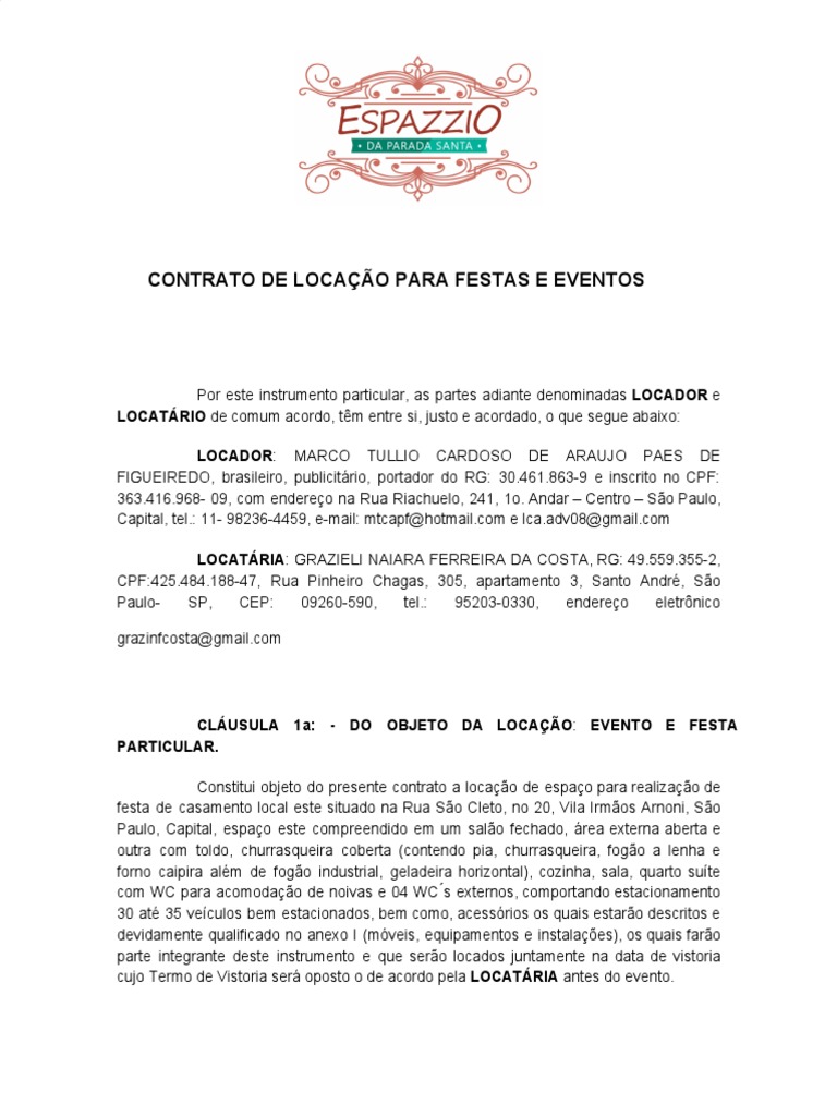 Contrato De Locação Para Festas E Eventos Marina Alves 15 Set 18 Pdf