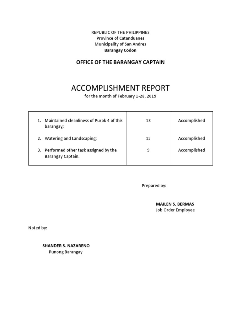 Accomplishment Report: Office of The Barangay Captain | PDF