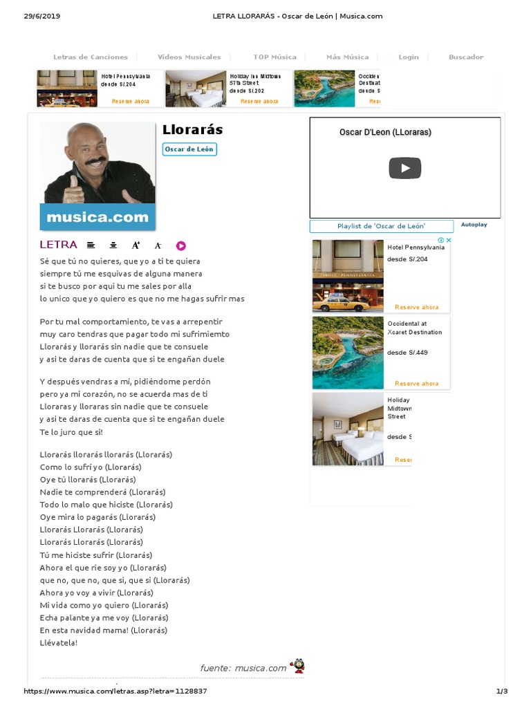 LETRA LLORARÁS - Oscar de León | PDF | Entretenimiento (general)