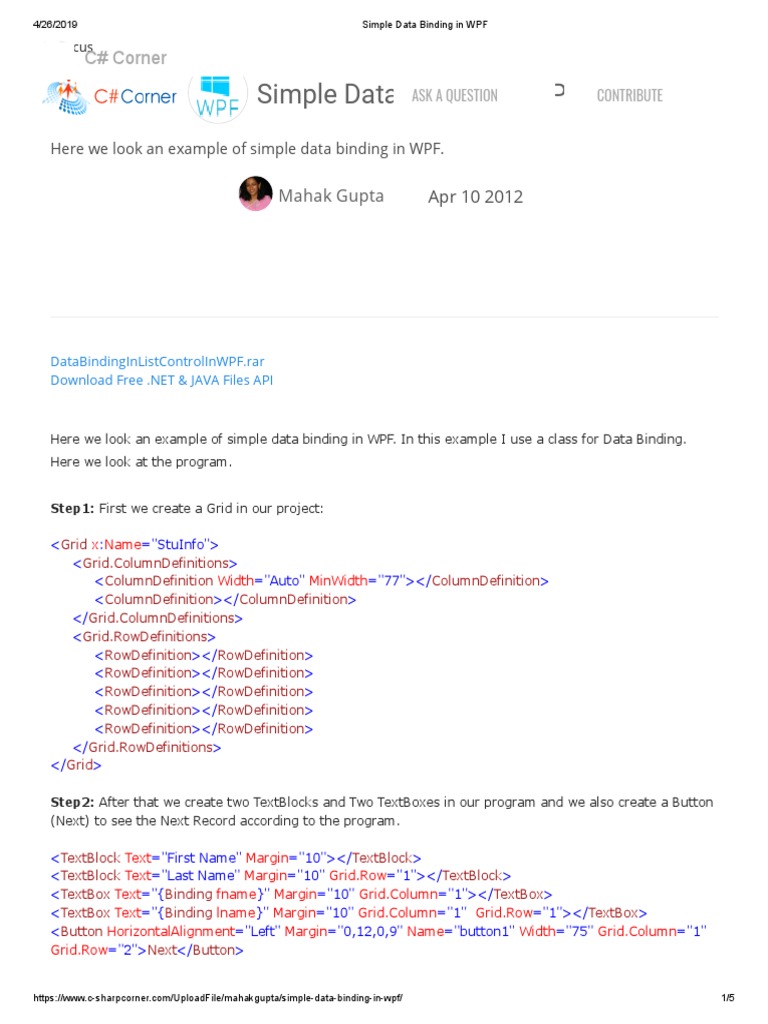 Simple Data Binding In Wpf Pdf Windows Presentation Foundation Class Computer Programming