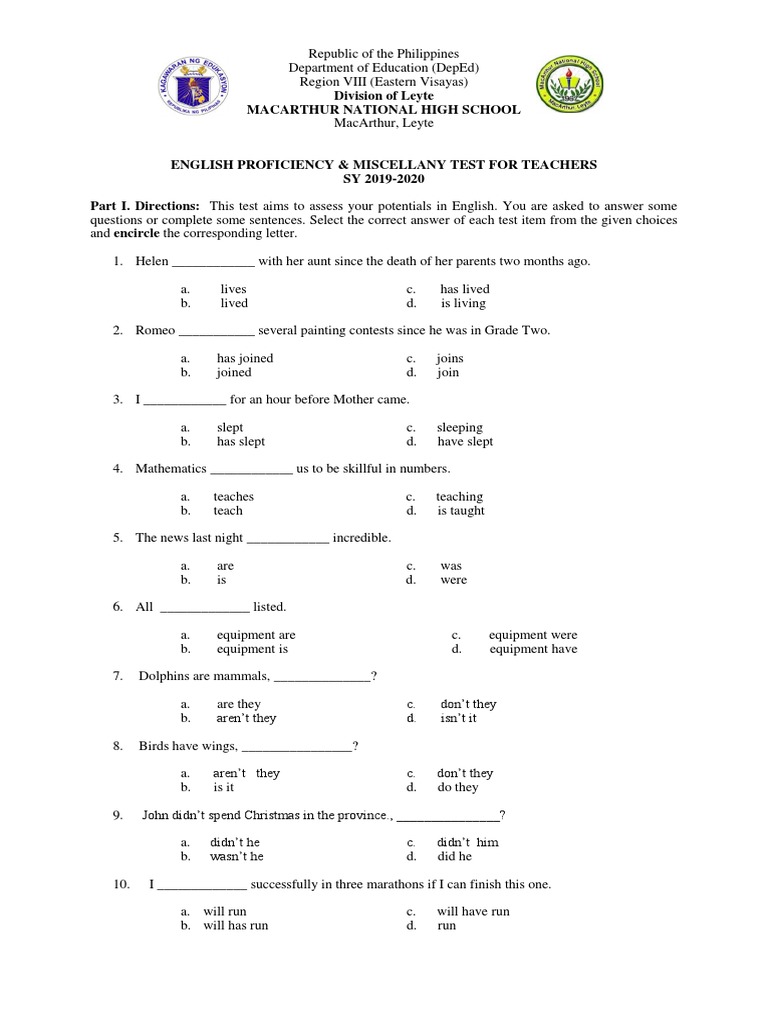 English Proficiency Test | PDF | Learning | Behavior Modification