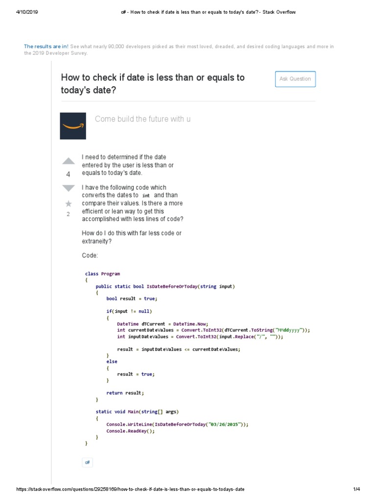 C# - How To Check If Date Is Less Than or Equals To Today's Date - Stack Overflow | PDF | C ...