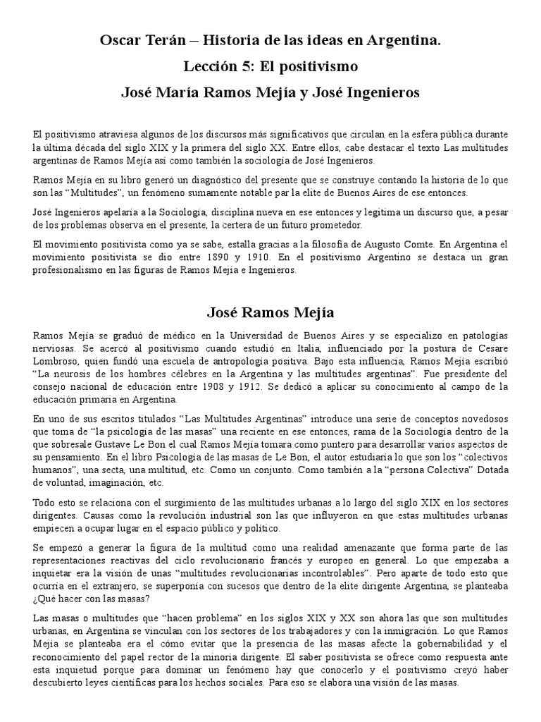 Oscar Terán - Historia de Las Ideas en Argentina. Lecion 5 y 7 | PDF | Positivismo | Intelectual