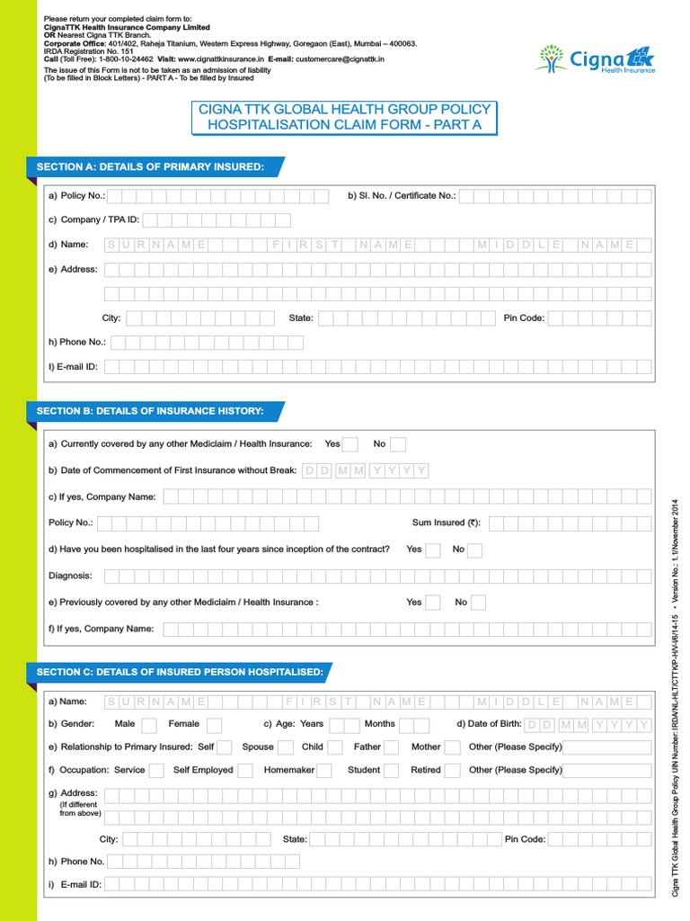 Cigna TTK Hospitalisation Claim Form | PDF | Insurance | Hospital