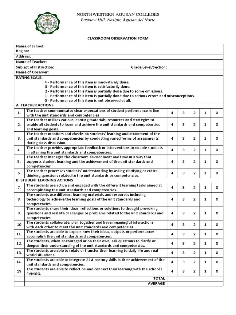 Classroom Observation Form | PDF | Teachers | Classroom